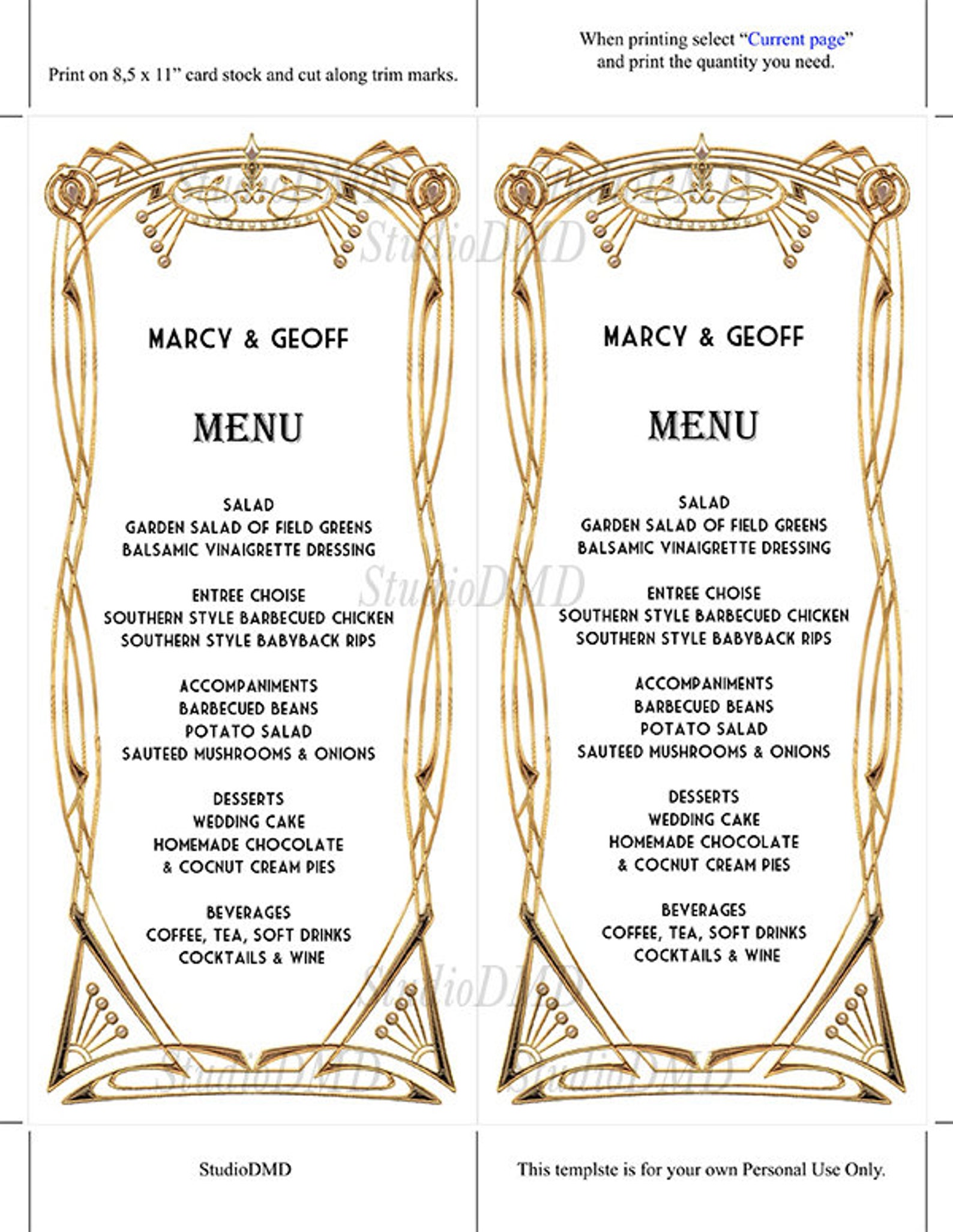 Printable Menu Card Template Great Gatsby Style Art Deco - Etsy Ireland