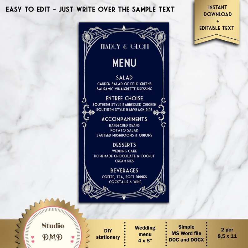 Printable Menu Card Template Great Gatsby Style Art Deco - Etsy