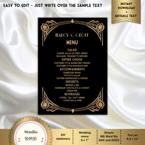 Printable Menu Card Template Great Gatsby Style Art Deco - Etsy