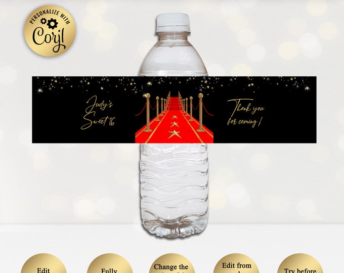 Printable Water Bottle Labels, Red Carpet, Hollywood, Red Carpet Gala ...