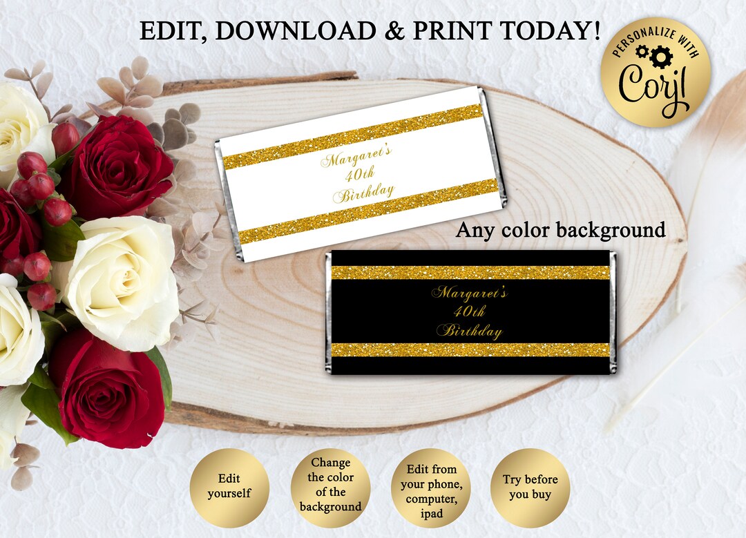 Candy Bar Wrapper, White and Gold Glitter, Birthday Party Favors ...