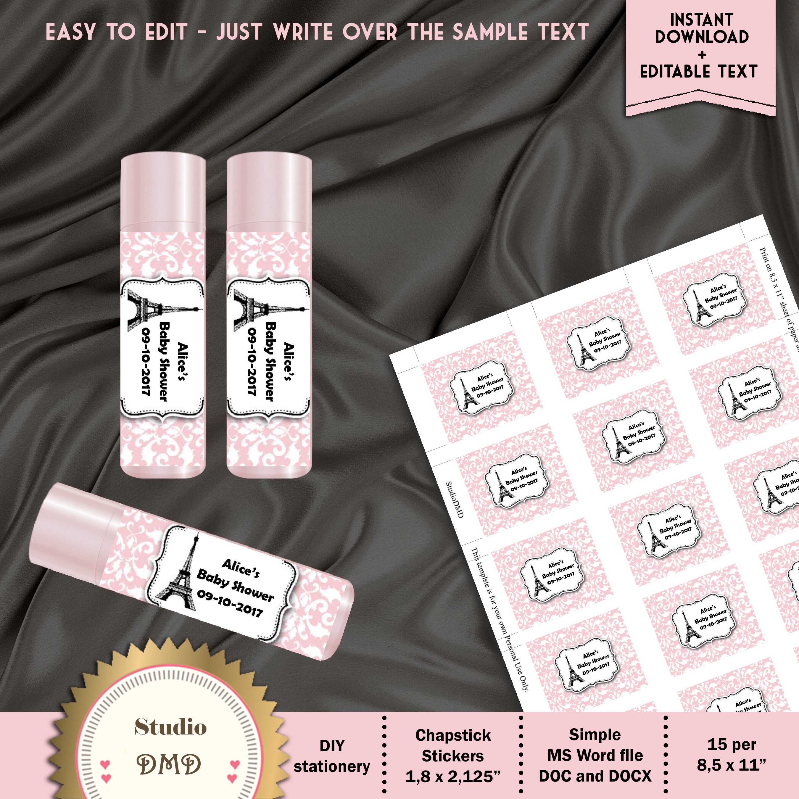Printable Chapstick Stickers Paris Baby Shower Chap Stick | Etsy