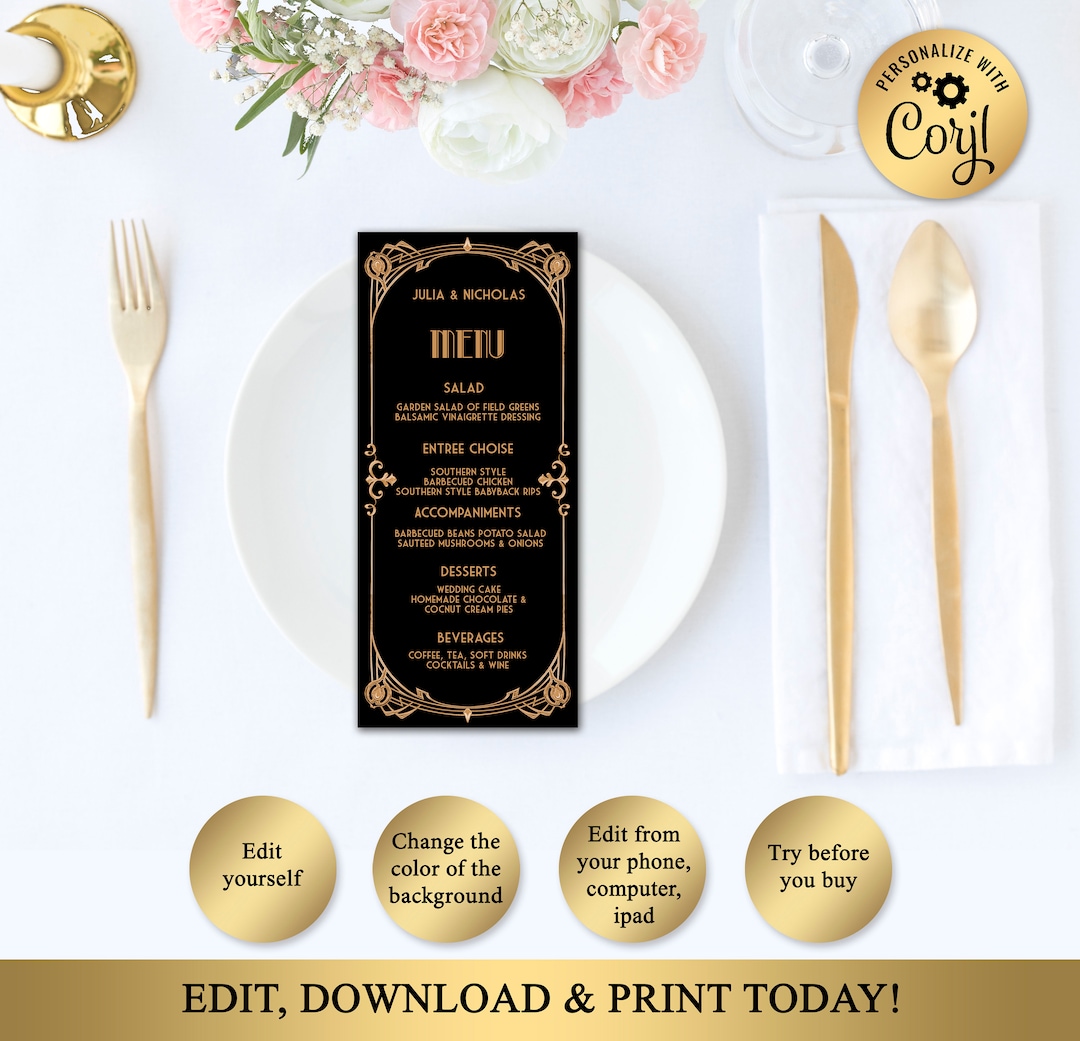 Printable Menu Card Template, Great Gatsby Style Art Deco, Gatsby Party ...