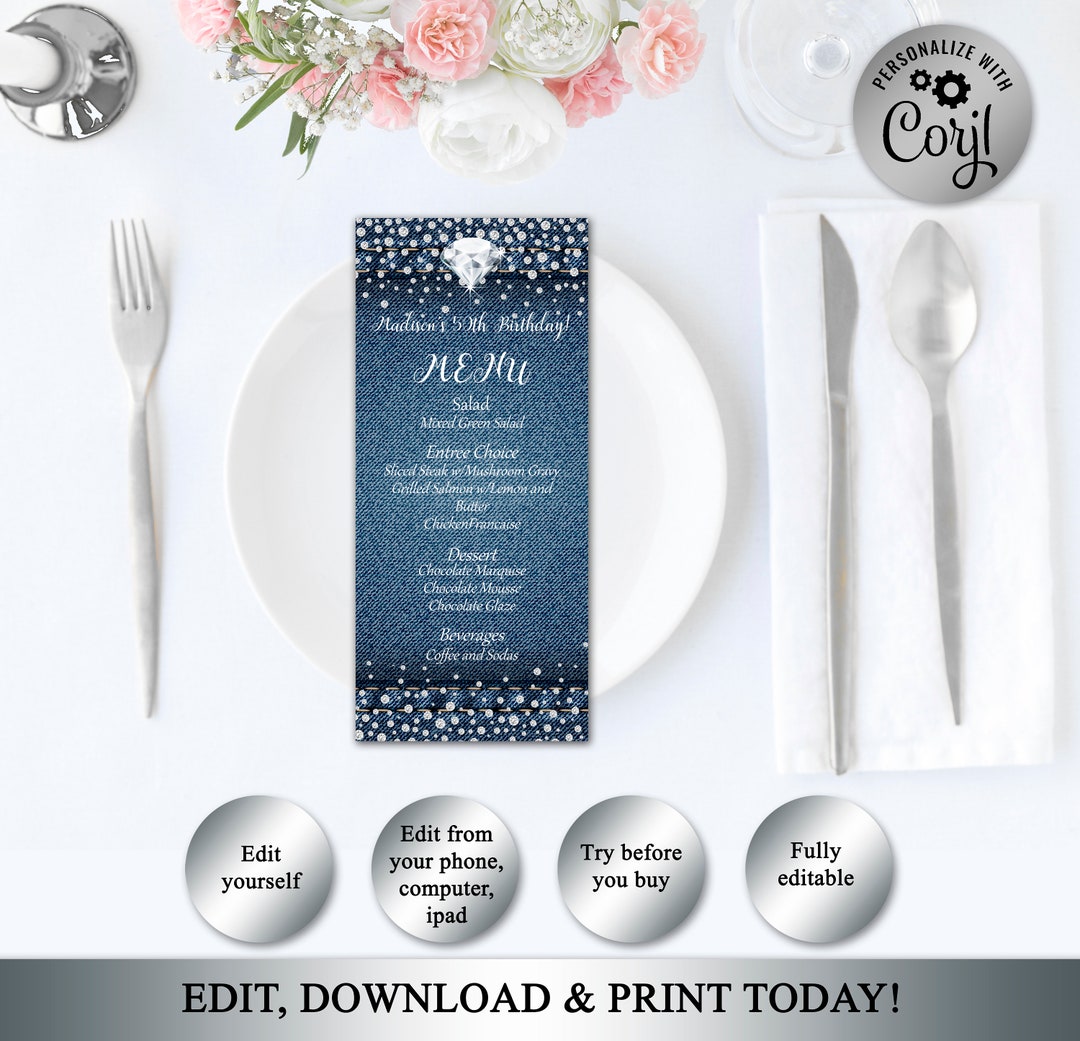 Denim and Diamonds Menu Card Template, Wedding Menu, Birthday Menu ...