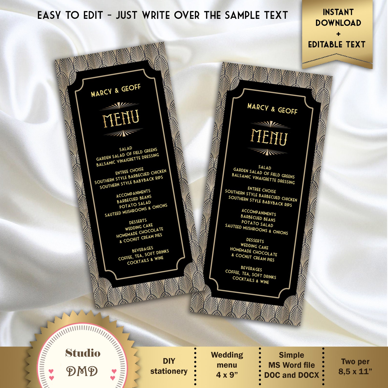 Printable Menu Card Template Great Gatsby Style Art Deco - Etsy