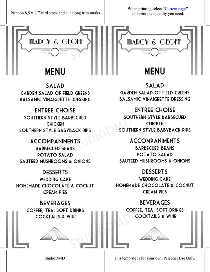Printable Menu Card Template Great Gatsby Style Art Deco - Etsy
