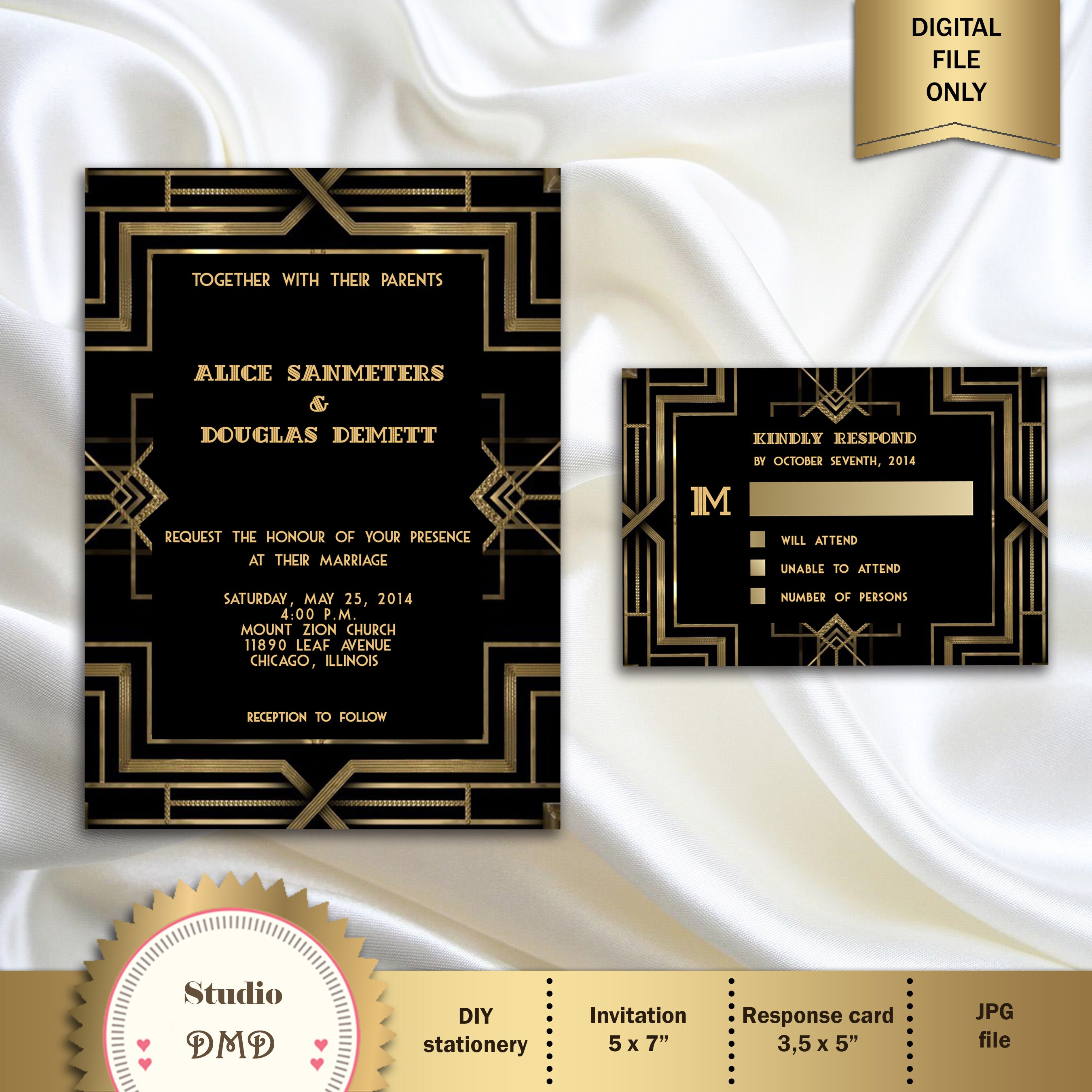 Great Gatsby Style Art Deco Wedding Invitation Suite With RSVP | Etsy