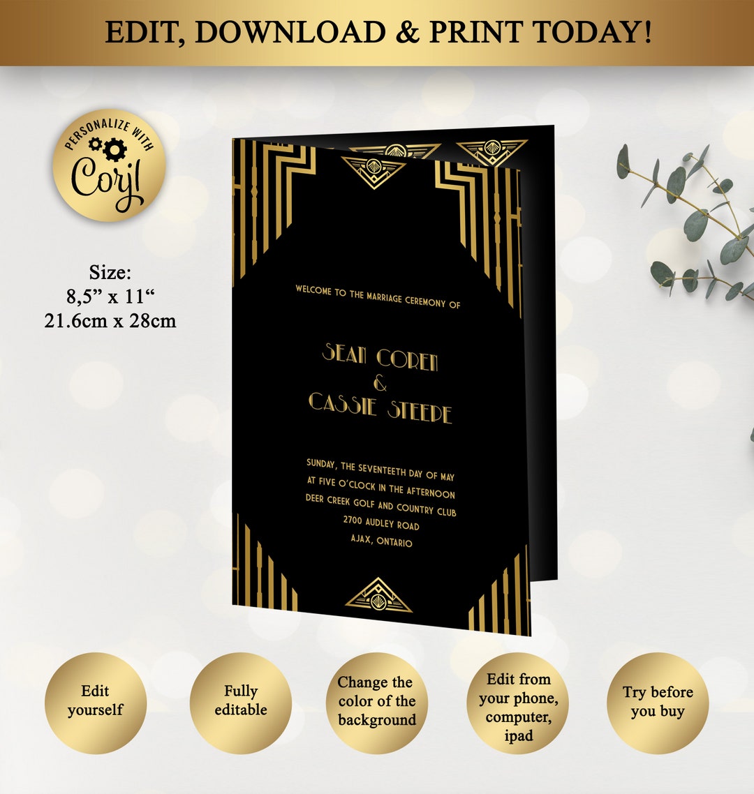 Printable Wedding Program Template, Great Gatsby Style, Art Deco, Black ...