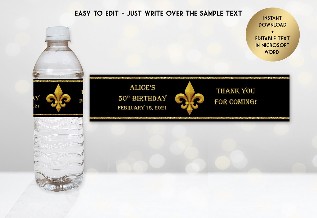 Printable Fleur De Lis Style Water Bottle Labels Elegant Black and Gold ...