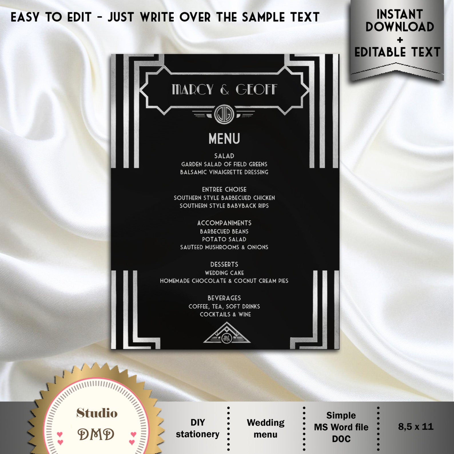 Printable Menu Card Template Great Gatsby Style Art Deco - Etsy
