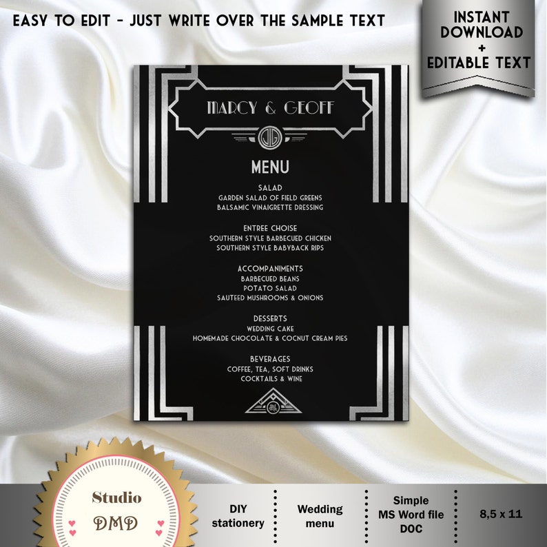 Printable Menu Card Template Great Gatsby Style Art Deco - Etsy