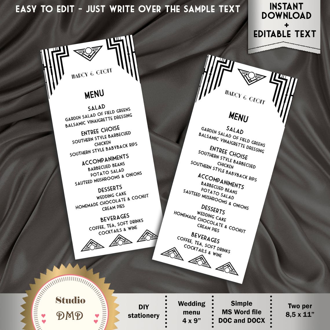 Printable Menu Card Template Great Gatsby Style Art Deco - Etsy