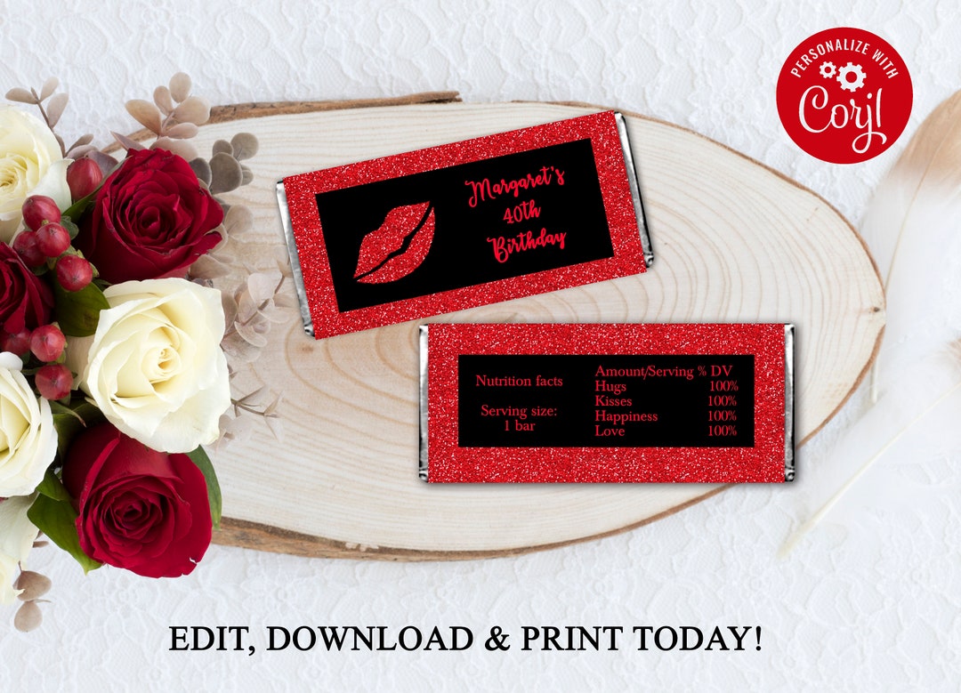 Glitter Red Lips Candy Bar Wrapper, Birthday Party Favors, Retirement ...