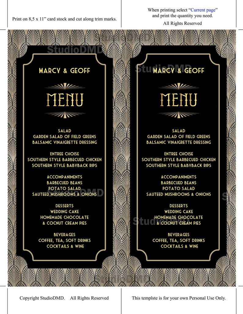 Printable Menu Card Template Great Gatsby Style Art Deco - Etsy