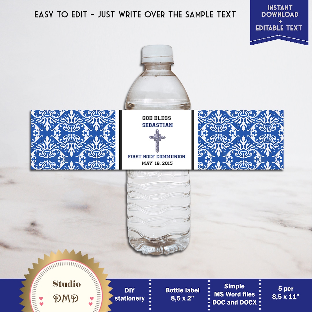 Printable Water Bottle Labels, Boy's Blue First Holy Communion Digital ...