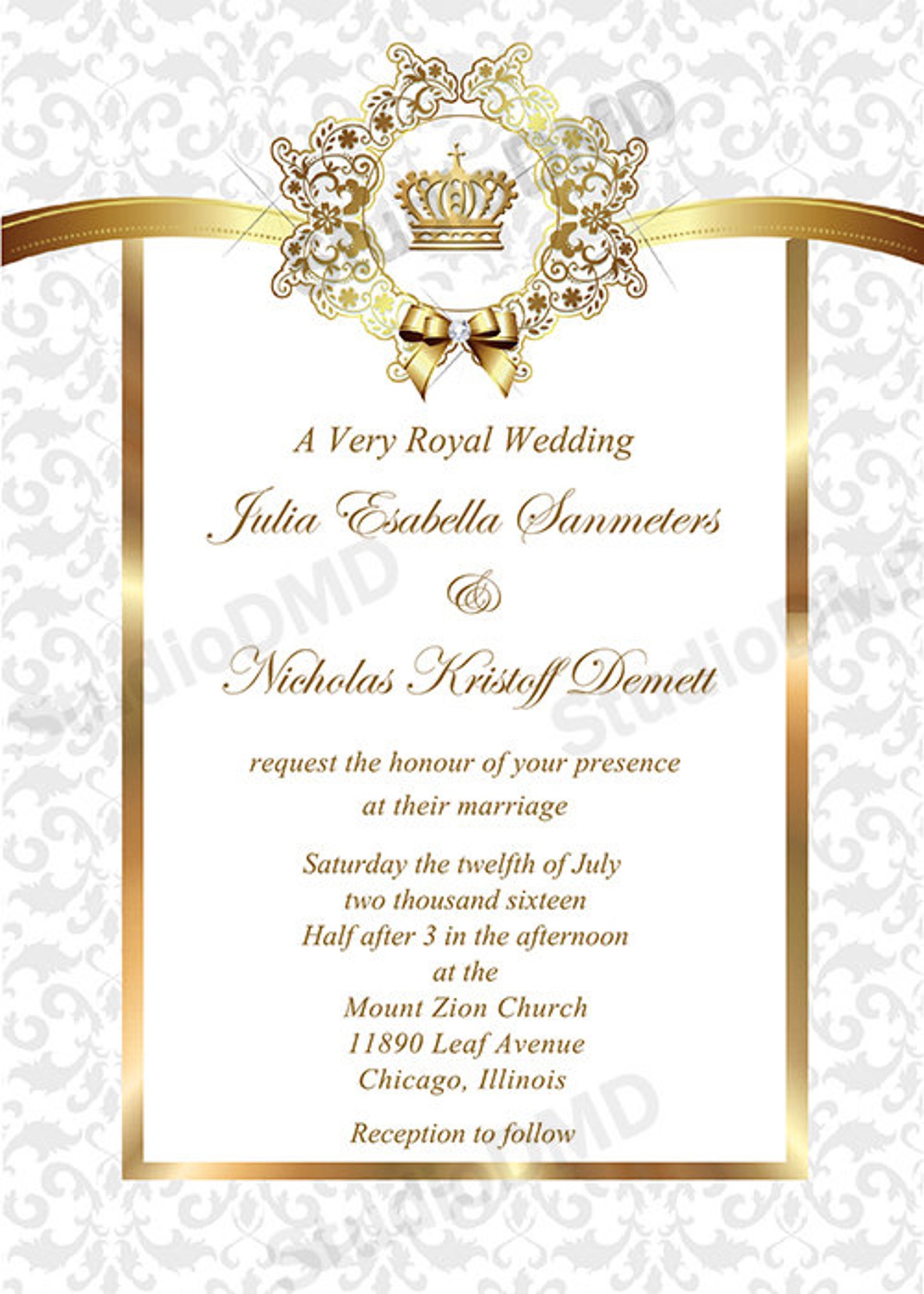 Printable Royal Wedding Invitation Set, White and Gold, Crown ...