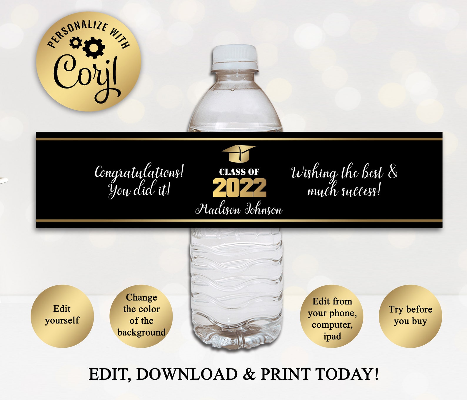 Graduation Party Water Bottle Labels Class of 2022 Party - Etsy