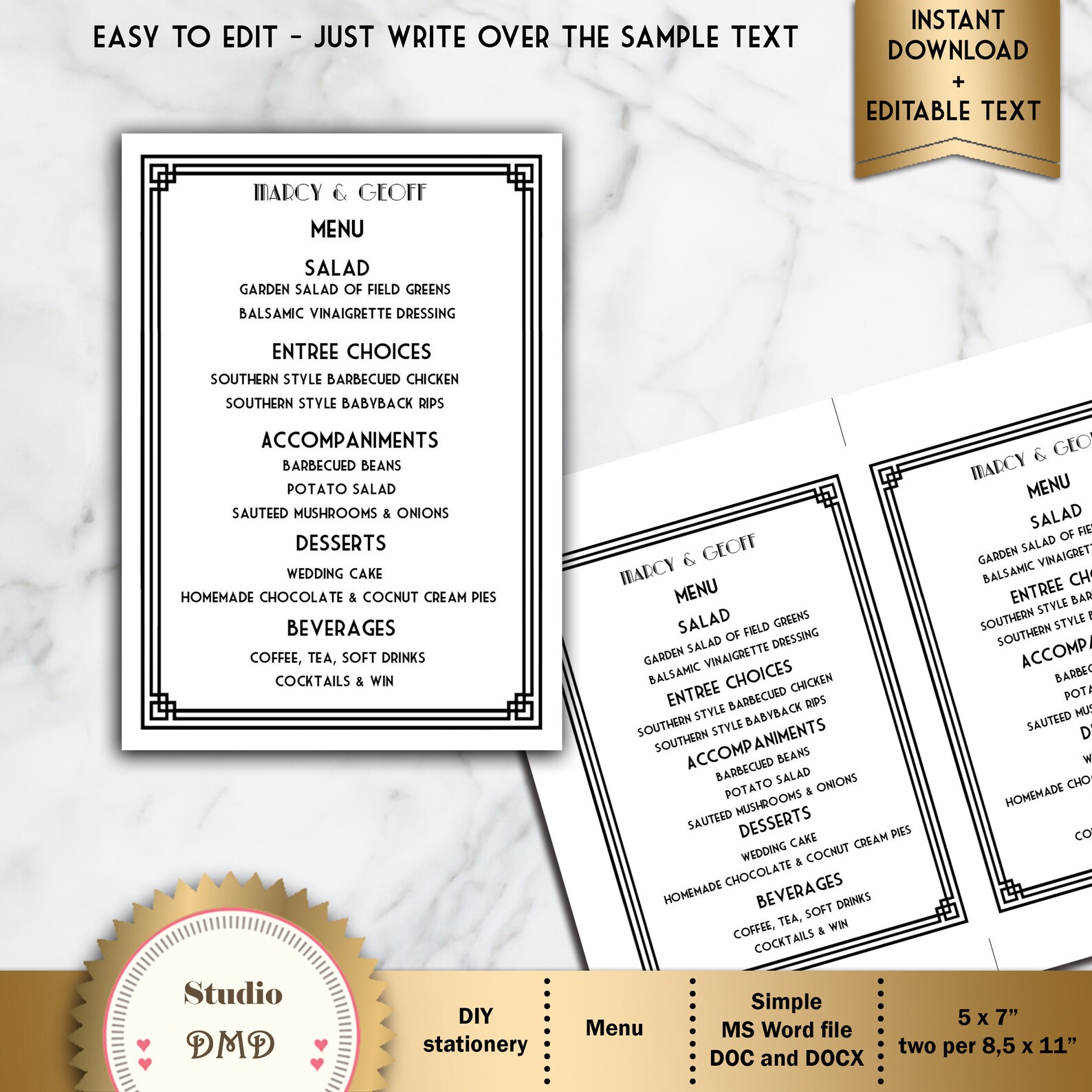 Printable Menu Card Template Great Gatsby Style Art Deco - Etsy