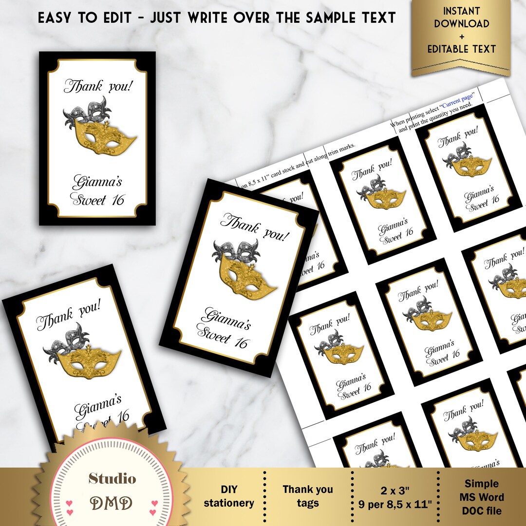 Printable Thank You Tags, Favor Tags, Labels, Masquerade Ball ...
