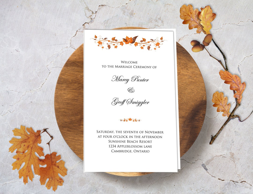 Printable Wedding Program Template Autumn Fall Leaves Wedding - Etsy