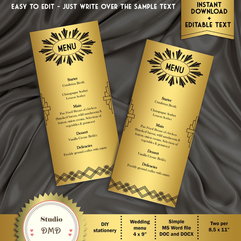 Printable Menu Card Template Great Gatsby Style Art Deco Gold - Etsy
