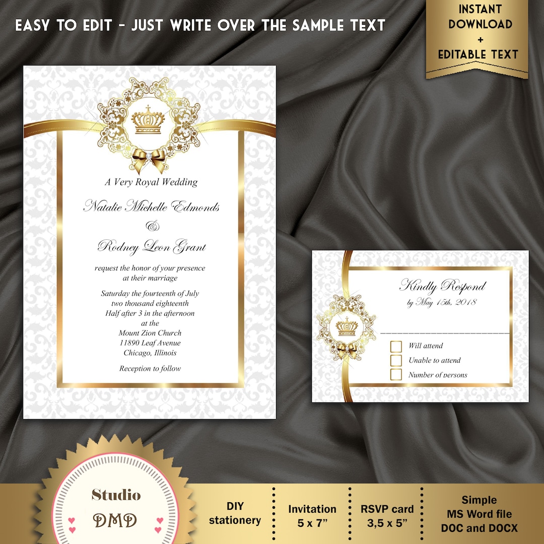 Royal Wedding Invitation Set, White and Gold, Crown Invitation, Elegant ...
