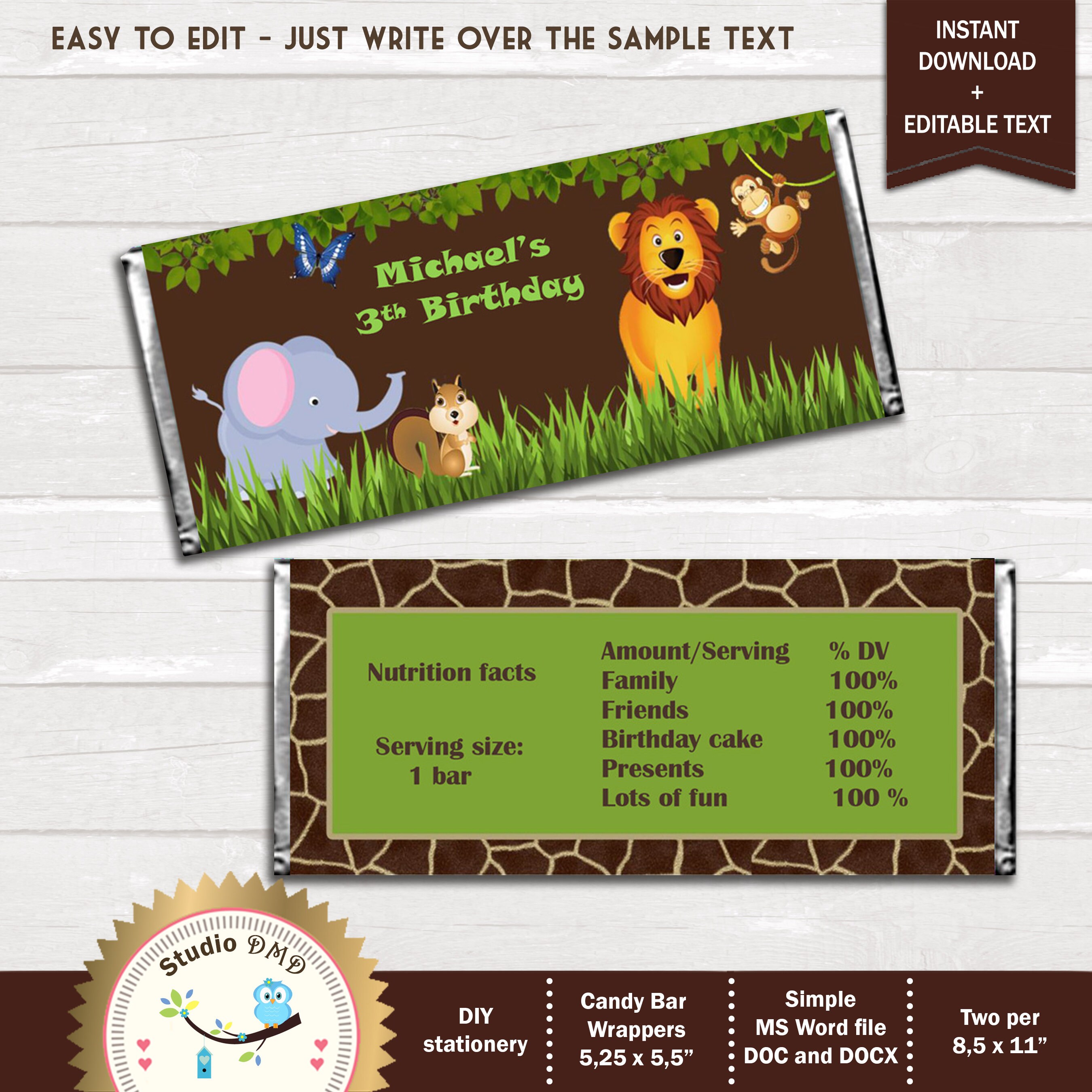 Jungle Animals Safari Candy Bar Wrapper Birthday Party | Etsy