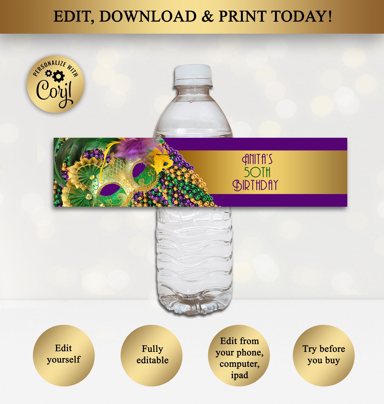 Printable Water Bottle Labels, Masquerade Ball Birthday Party ...