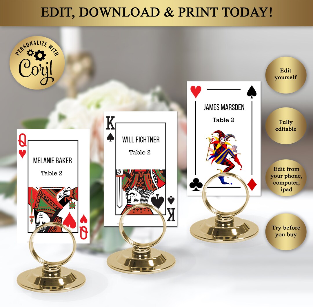 Printable Place Cards, Playing Cards, Casino Theme, Poker, Table ...