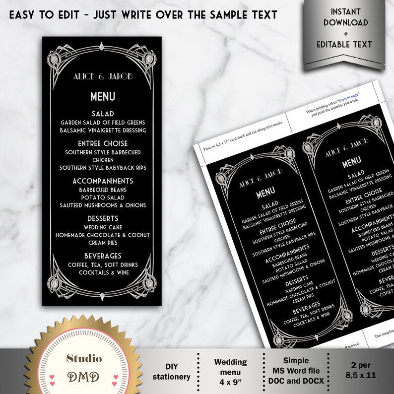 Printable Menu Card Template Great Gatsby Style Art Deco - Etsy