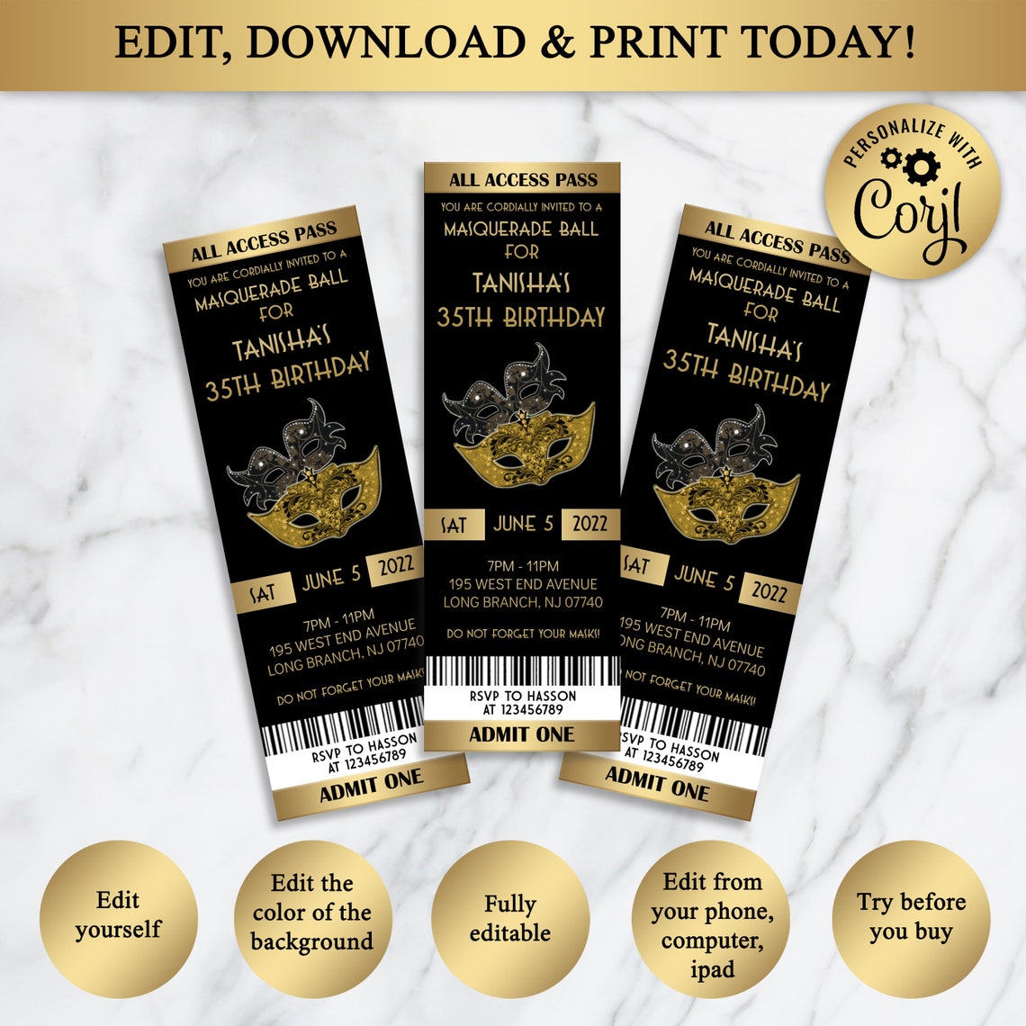 Masquerade Party Birthday Invitation Ticket Style Masquerade - Etsy