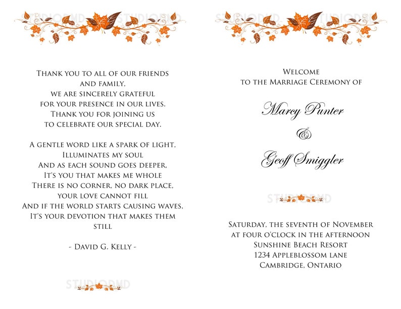 Printable Wedding Program Template Autumn Fall Leaves Wedding - Etsy