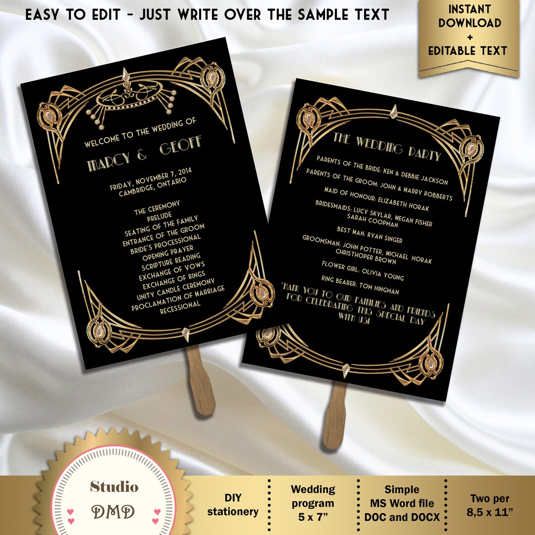 Printable Wedding Program Template, Art Deco Great Gatsby Inspired ...