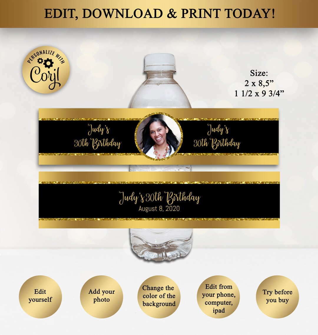 Black and Gold Water Bottle Label With Photo, Birthday Decoration ...