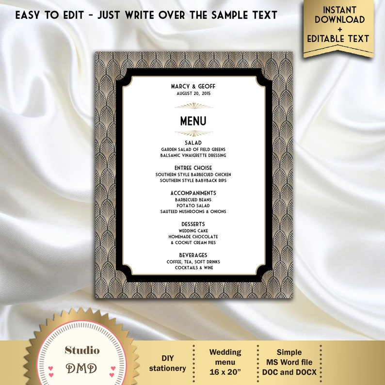 Printable Menu Card Template Great Gatsby Style Art Deco - Etsy