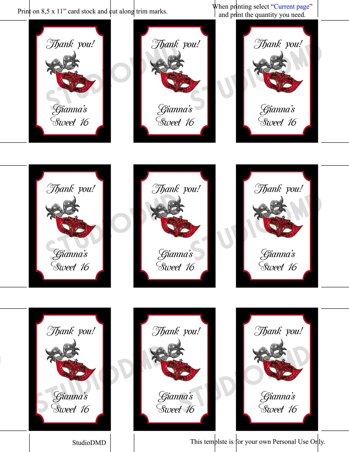 Printable Thank You Tags Favor Tags Labels Masquerade Ball - Etsy