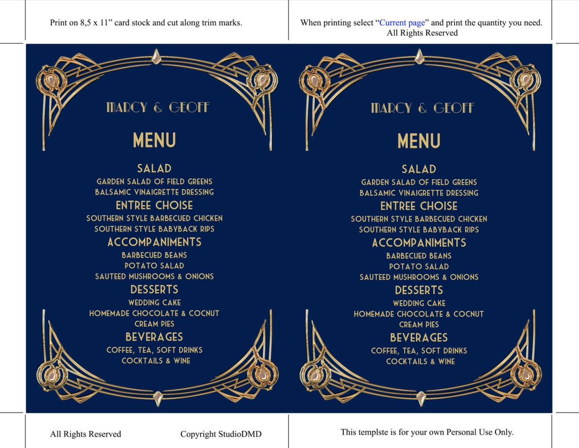 Printable Menu Card Template Great Gatsby Style Art Deco - Etsy
