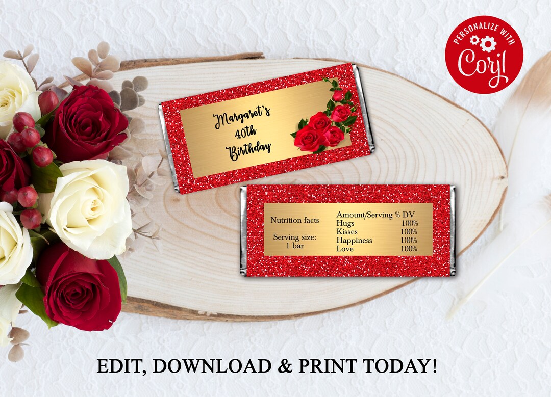 Red and Gold Candy Bar Wrapper, Red Glam Roses, Birthday Party Favors ...