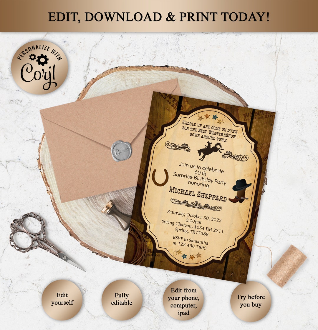 Western Cowboy Surprise Birthday Invitation for Any Age 1st - Etsy