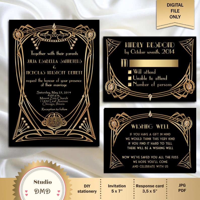 Great Gatsby Style Art Deco Wedding Invitation Suite With RSVP - Etsy