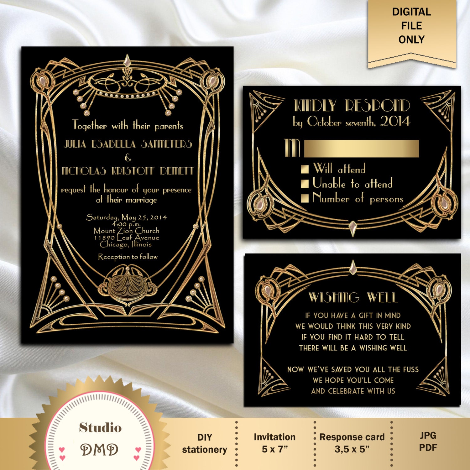 Great Gatsby Style Art Deco Wedding Invitation Suite With RSVP - Etsy
