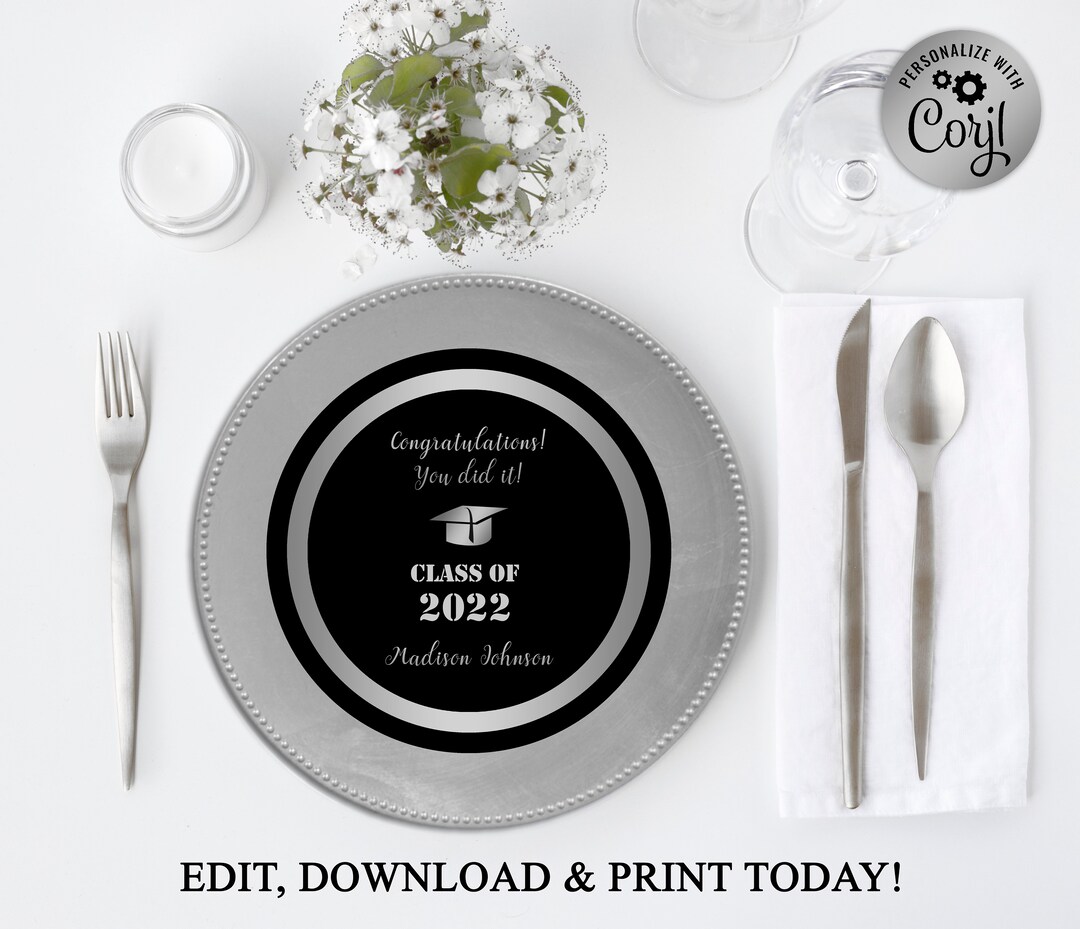 Printable Charger Plate Insert or Centerpiece, Graduation, Black and ...
