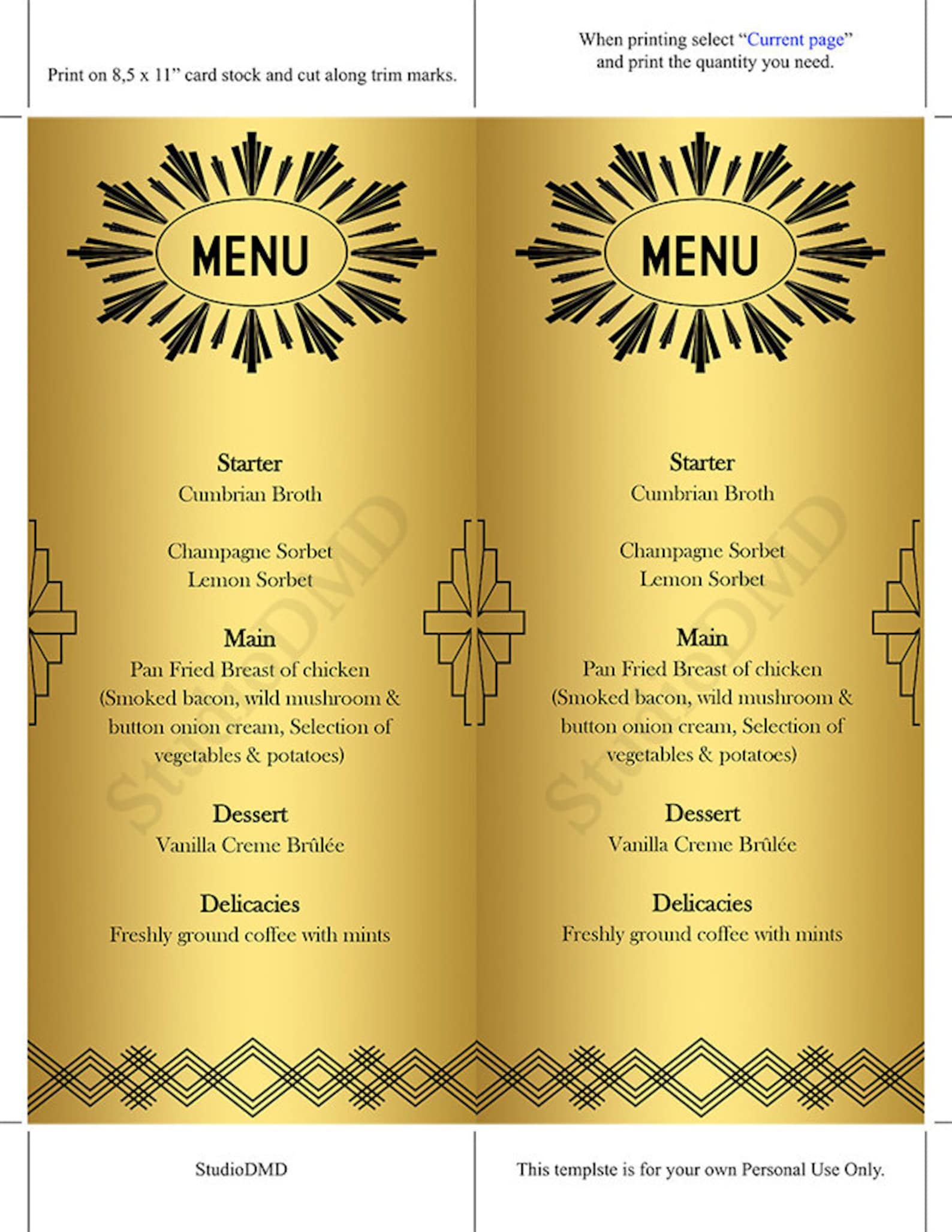 Printable Menu Card Template Great Gatsby Style Art Deco Gold - Etsy