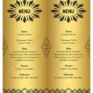 Printable Menu Card Template, Great Gatsby Style Art Deco Gold and ...