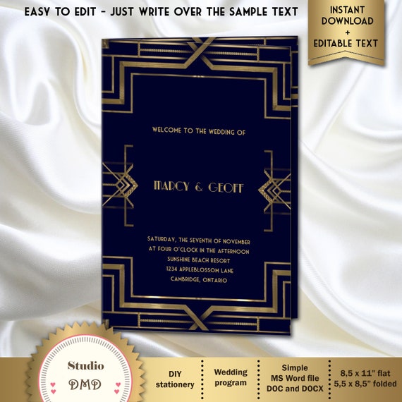 Printable Navy Blue and Gold Wedding Program Template Art | Etsy