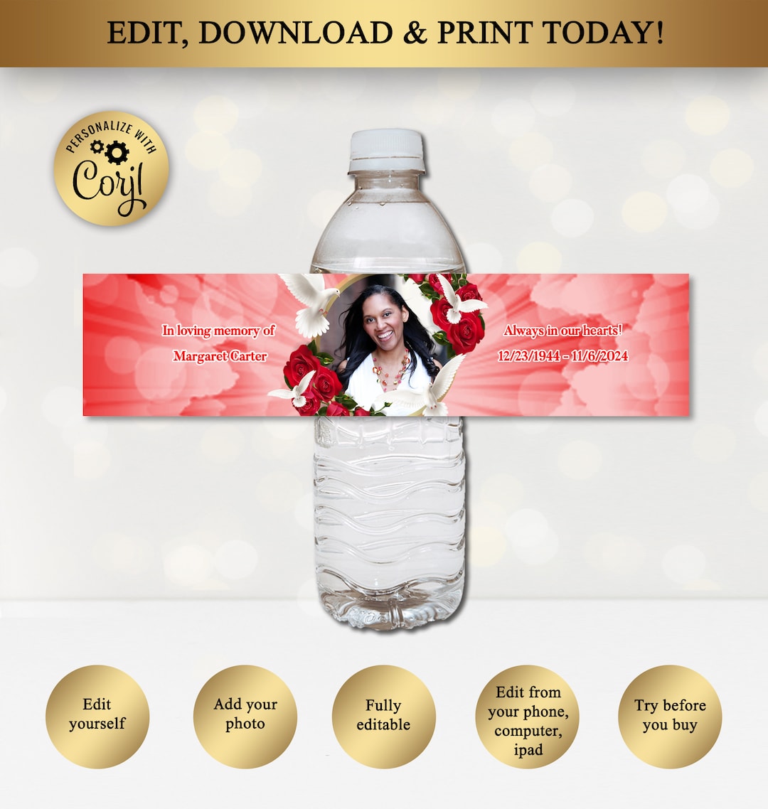 Funeral Water Bottle Label With Photo Memorial Water Bottle - Etsy