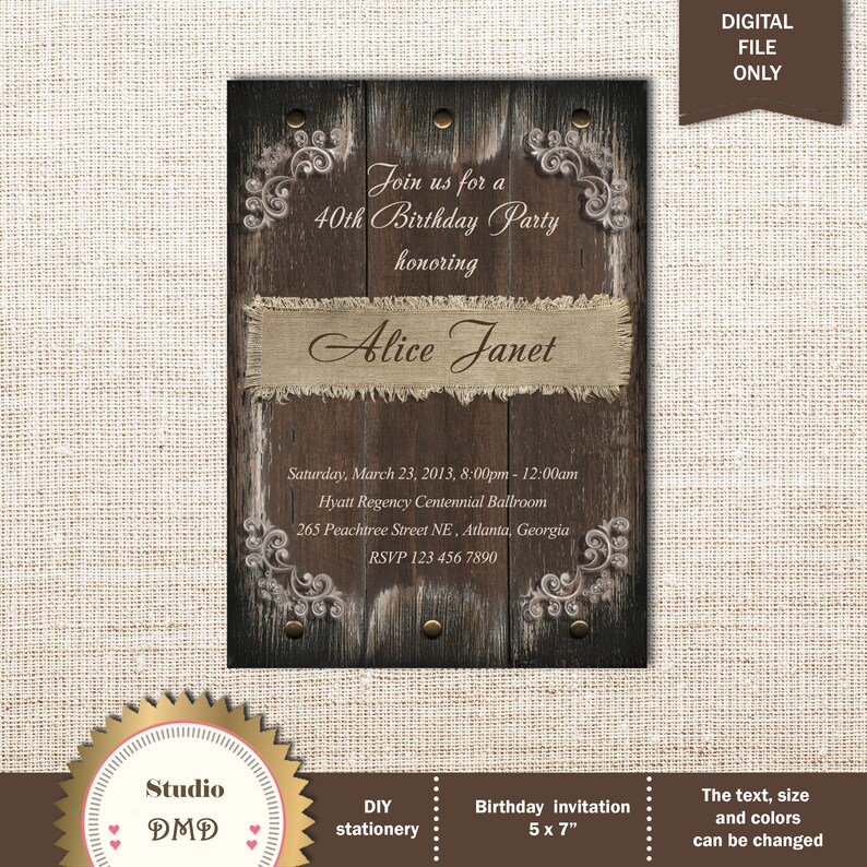 Rustic Birthday Party Invitation 21st 30th 40th 50th 60th 70th - Etsy