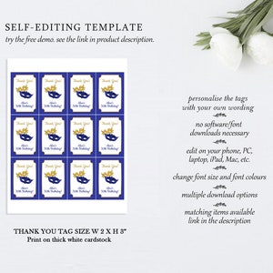 Printable Thank You Tags, Favor Tags, Labels, Masquerade Ball ...