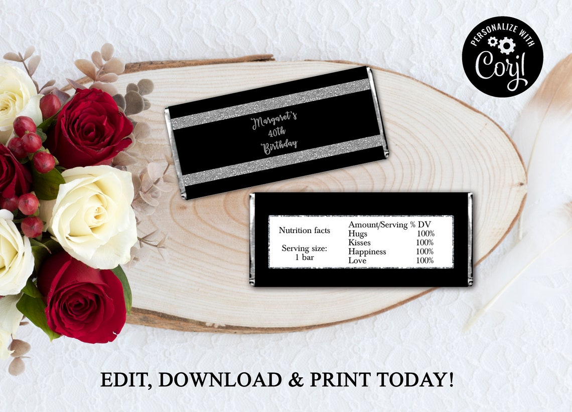 Candy Bar Wrapper Black and Silver Birthday Party Favors - Etsy