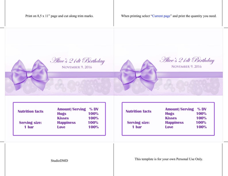 Printable Candy Bar Wrapper Purple Ribbon Birthday Party - Etsy